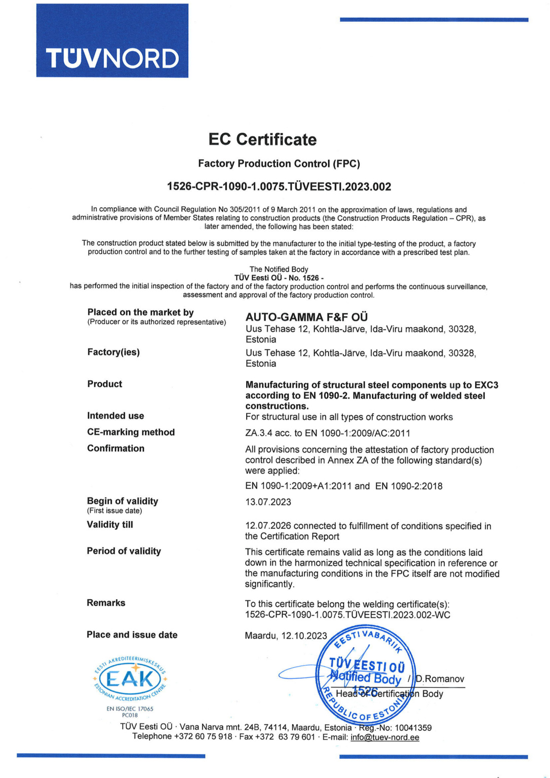 Certificates – AUTOGAMMA